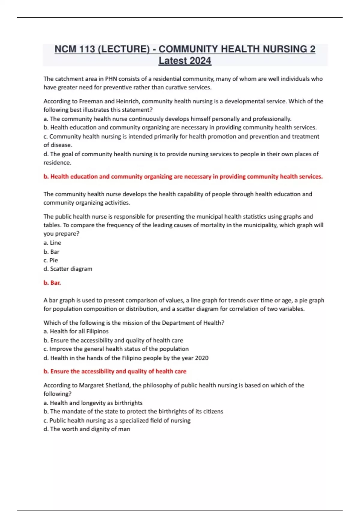 NCM 113 (LECTURE) - COMMUNITY HEALTH NURSING 2 Latest 2024 - NCM 113 ...