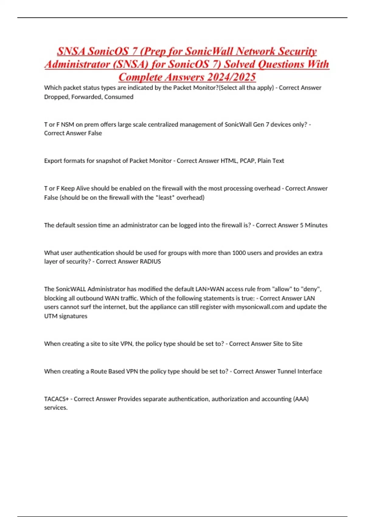 SonicWALL – SNSA Combined Test Bundle 2025/2026 with Complete Solutions ...