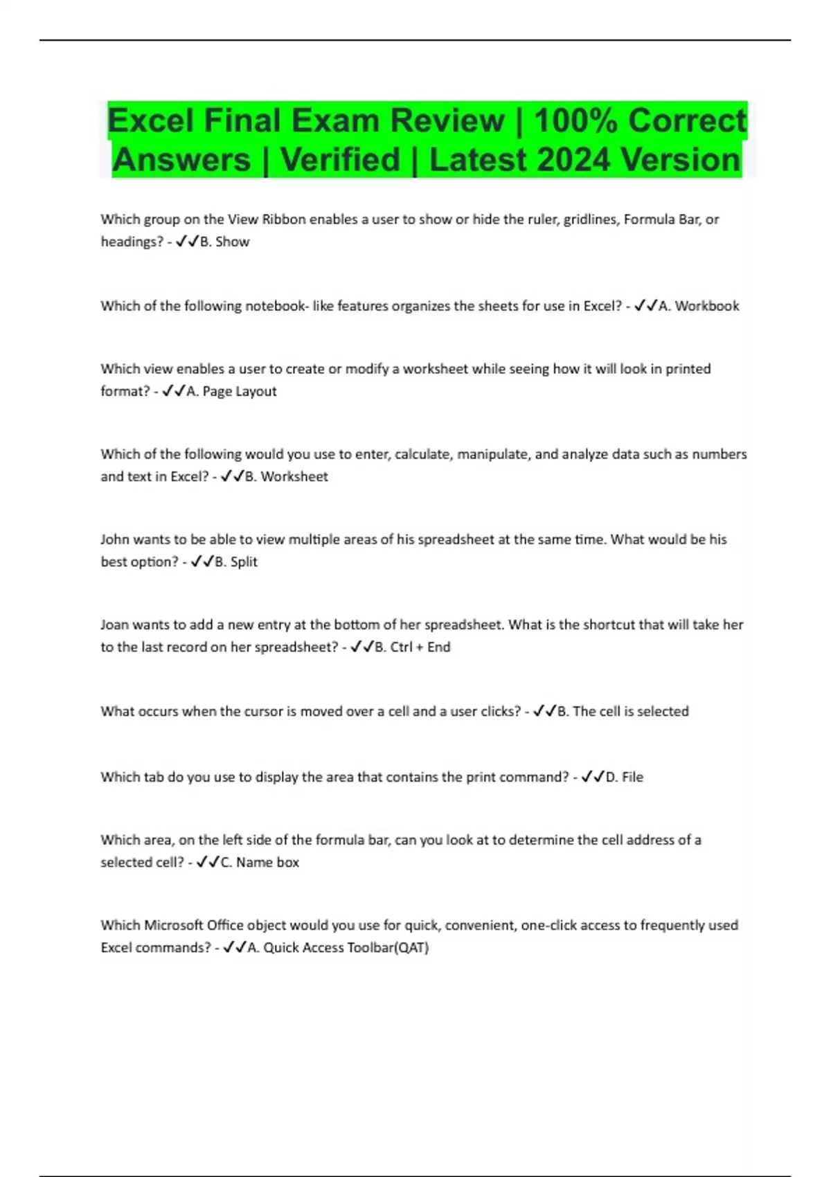 Excel Final Exam Review | 100% Correct Answers | Verified | Latest 2024 ...