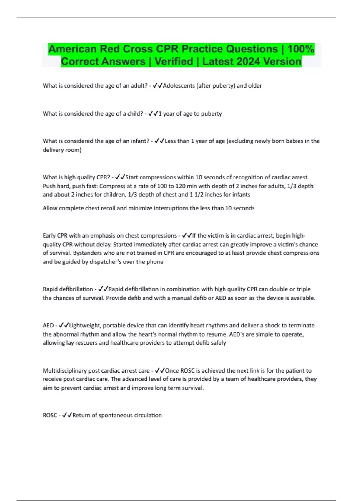 American Red Cross CPR Practice Questions | 100% Correct Answers ...