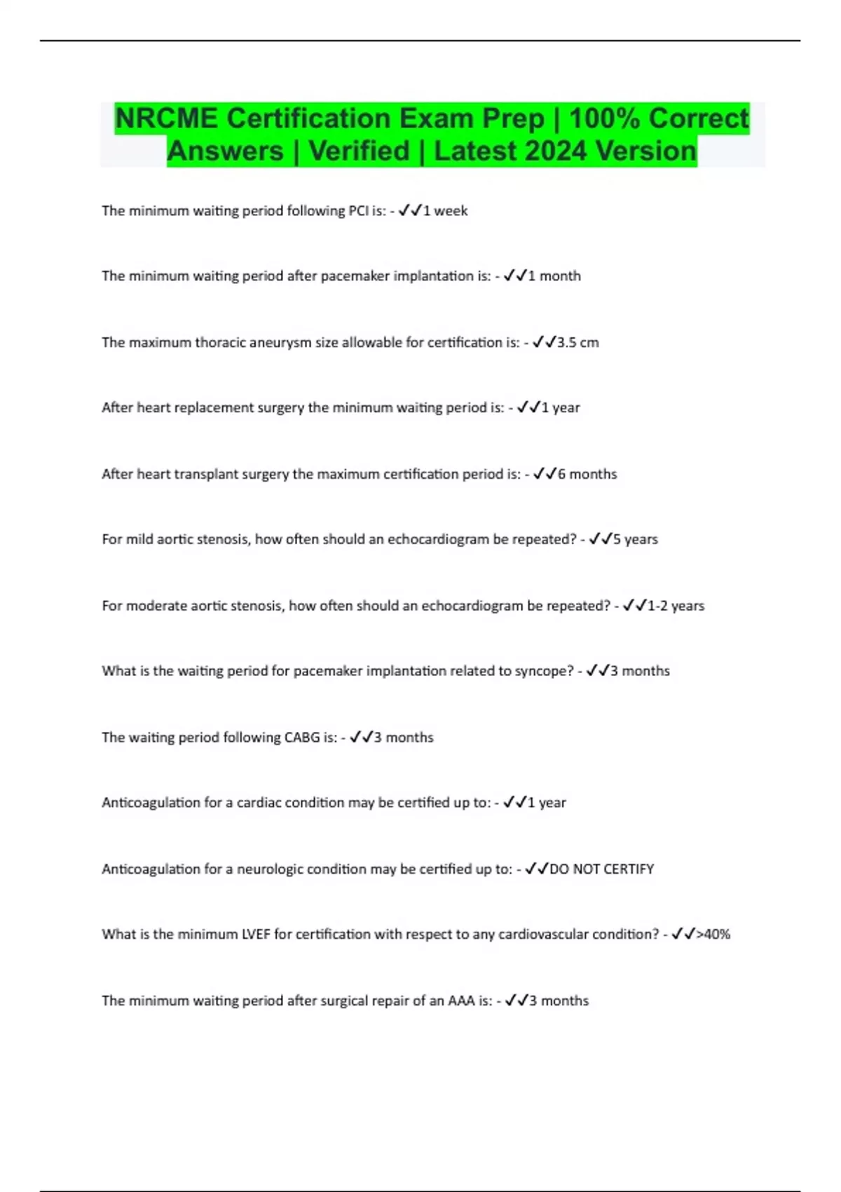 NRCME Certification Exam Prep | 100% Correct Answers | Verified ...