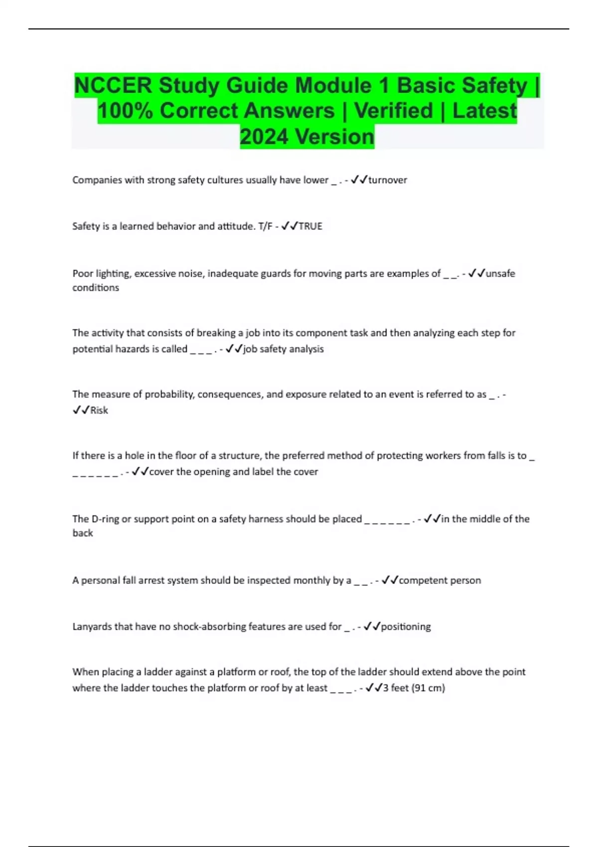 NCCER Study Guide Module 1 Basic Safety | 100% Correct Answers ...