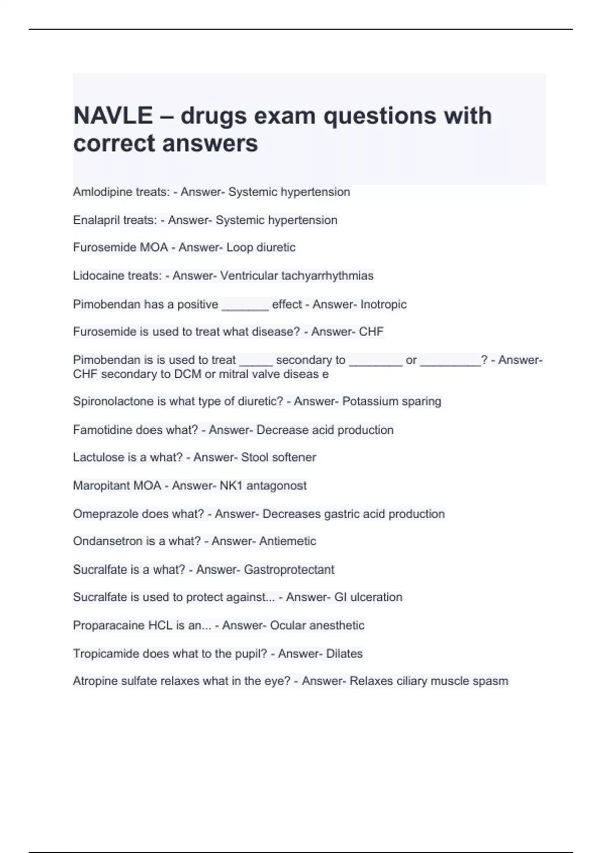 NAVLE – drugs exam questions with correct answers 100% - NAVLE - Stuvia US