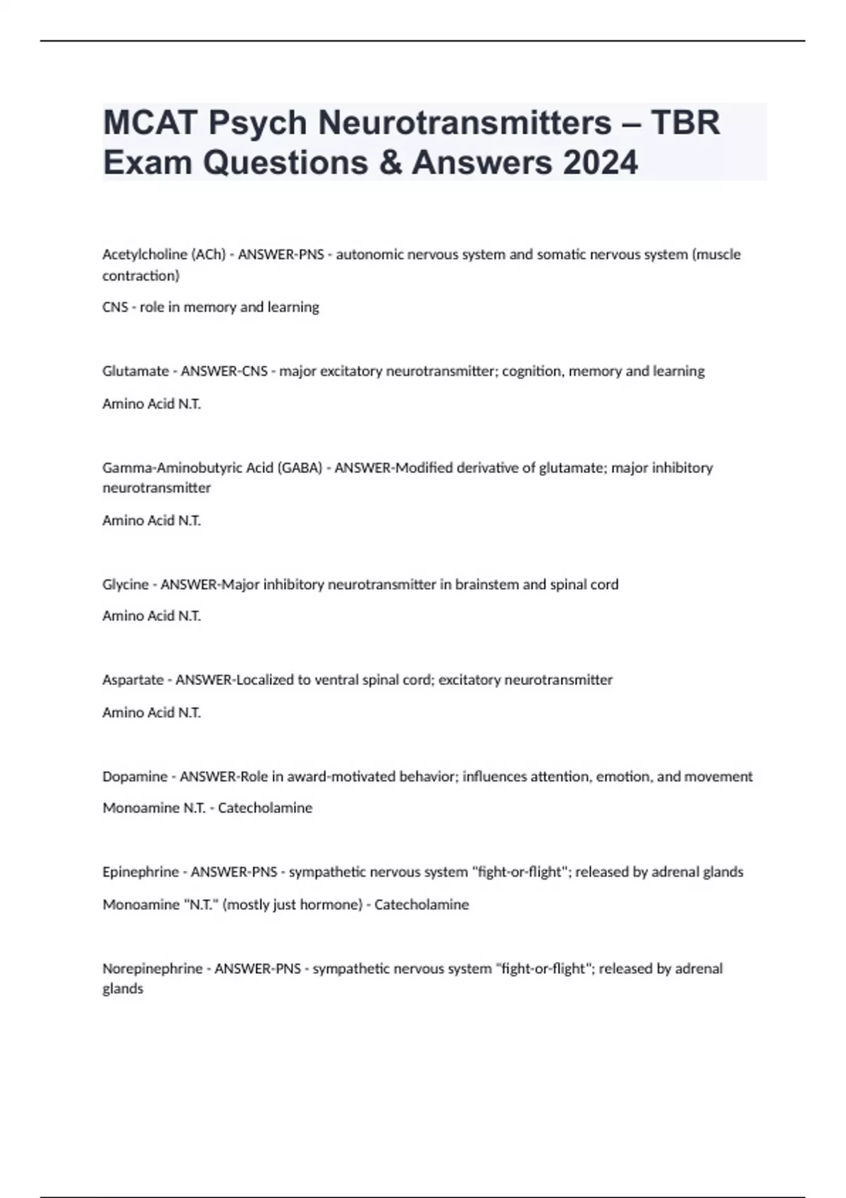 MCAT Psych Neurotransmitters – TBR Exam Questions & Answers 2024 - MCAT ...