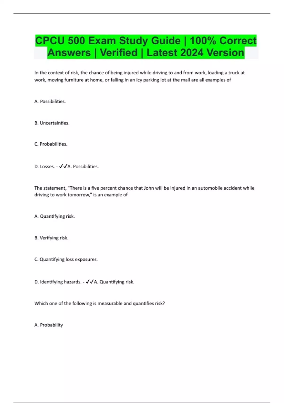 CPCU 500 Bundled Exams with Complete Solution | Verified Answers | 2024 ...