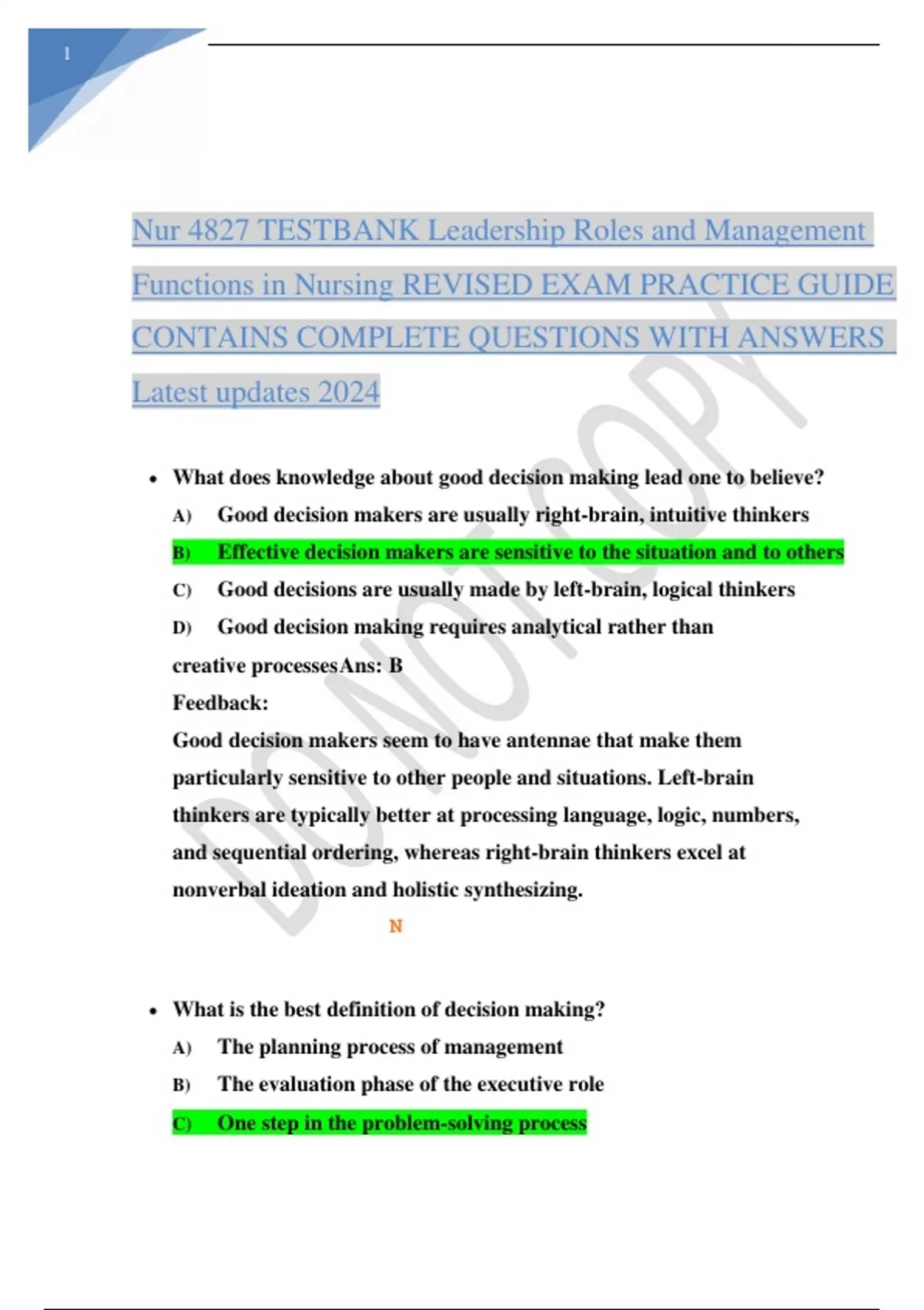 Nur 4827 TESTBANK Leadership Roles and Management Functions in Nursing ...