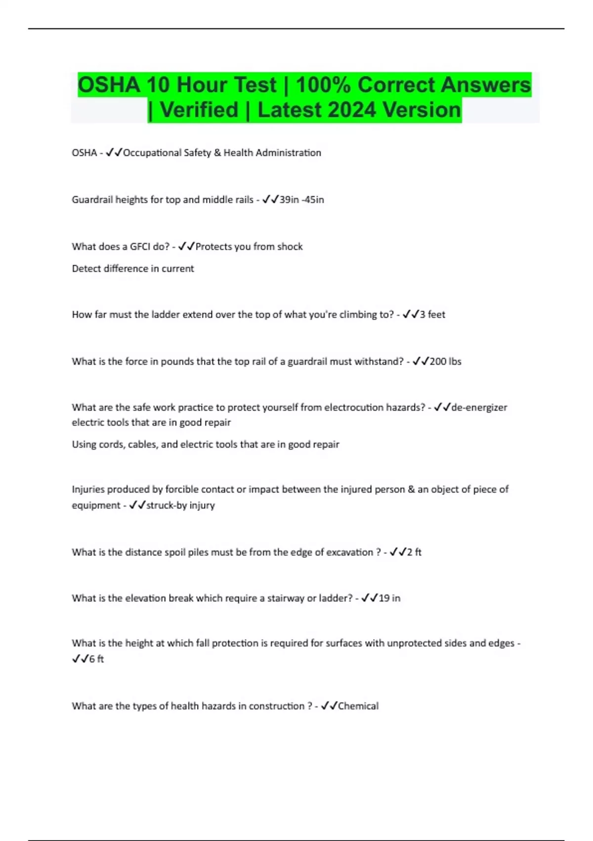OSHA 10 Hour Test | 100% Correct Answers | Verified | Latest 2024 ...