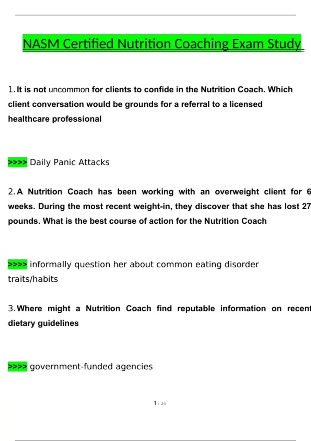 NASM Certified Nutrition Coaching Exam Study Questions and Answers ...