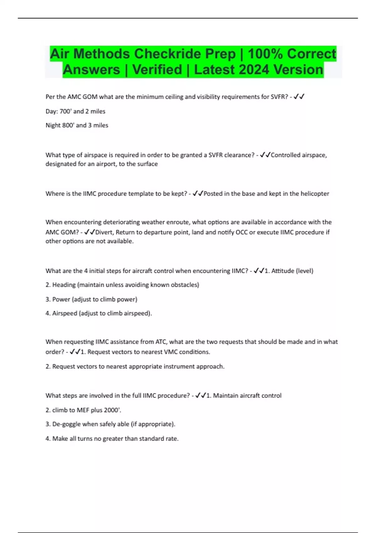 Air Methods Checkride Prep | 100% Correct Answers | Verified | Latest ...