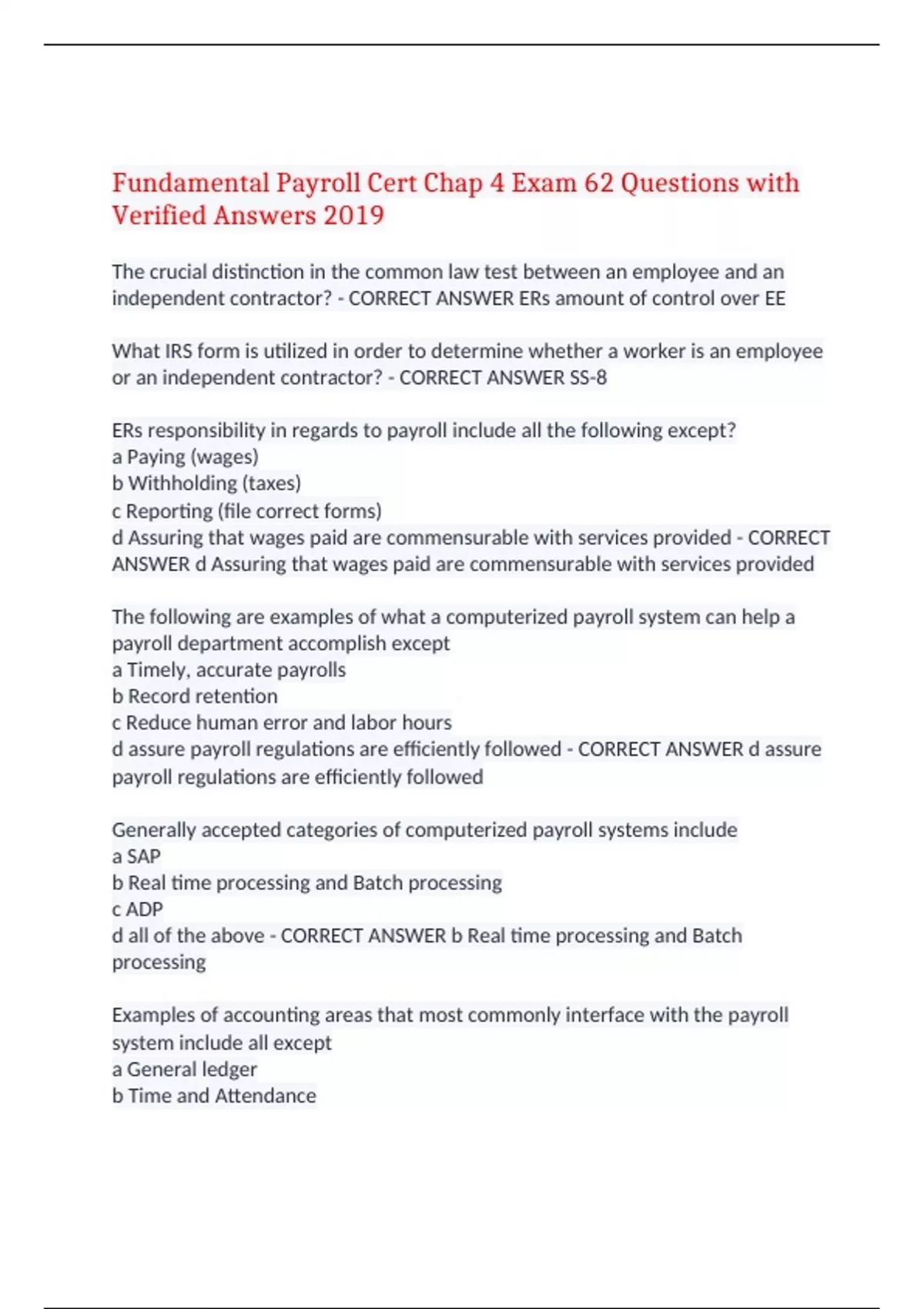 Fundamental Payroll Cert Chap 4 Exam 62 Questions with Verified Answers ...