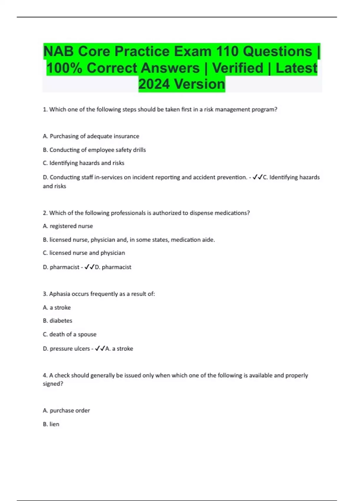 NAB Core Practice Exam 110 Questions | 100% Correct Answers | Verified ...