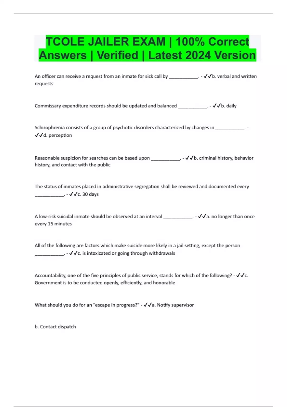 TCOLE JAILER EXAM | 100% Correct Answers | Verified | Latest 2024 ...