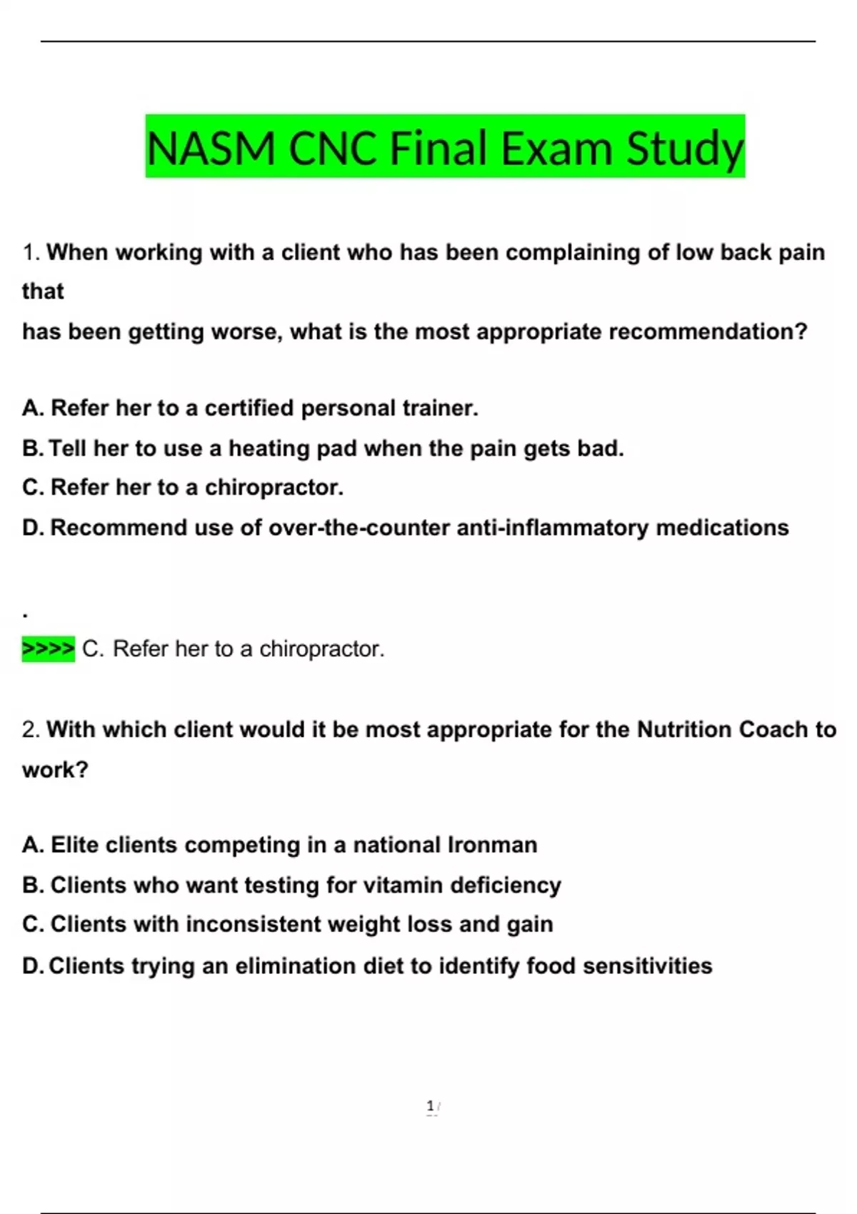 NASM CNC Final Exam Study Guide Questions and Answers (2024 / 2025 ...