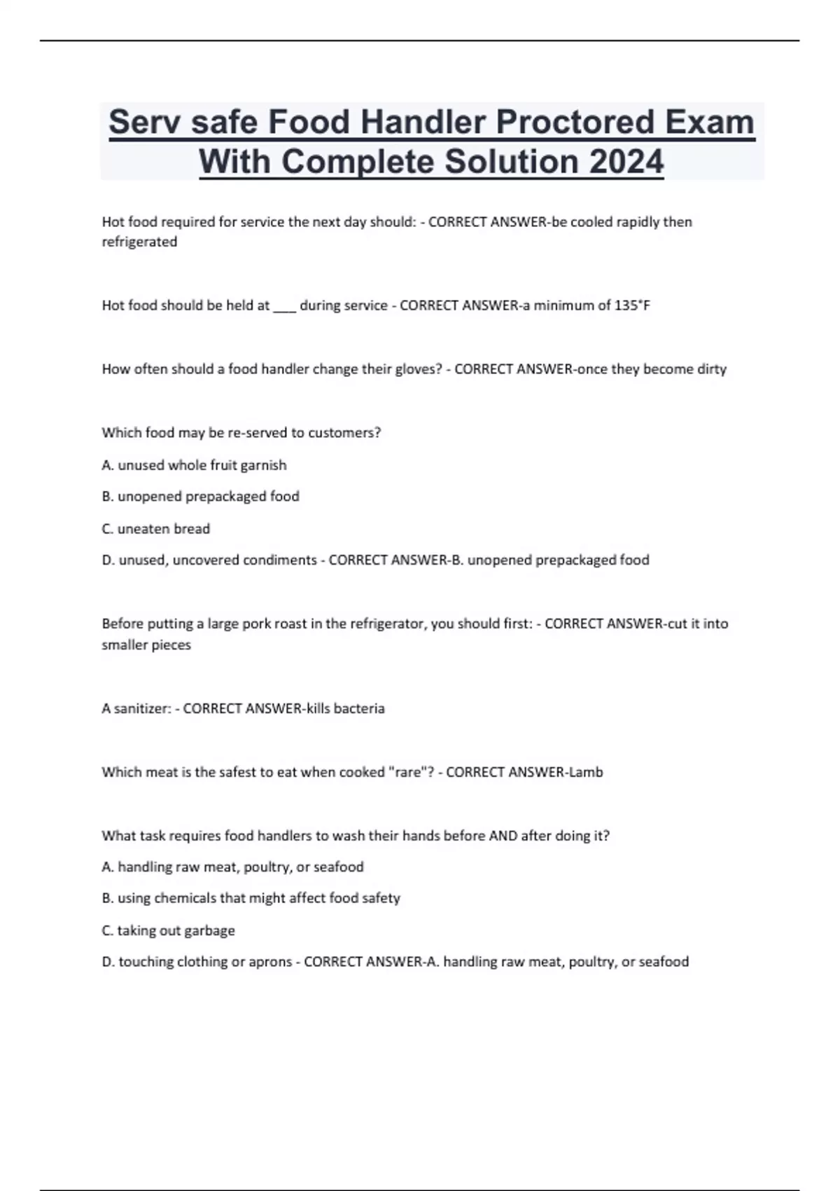 Serv safe Food Handler Proctored Exam With Complete Solution 2024 ...