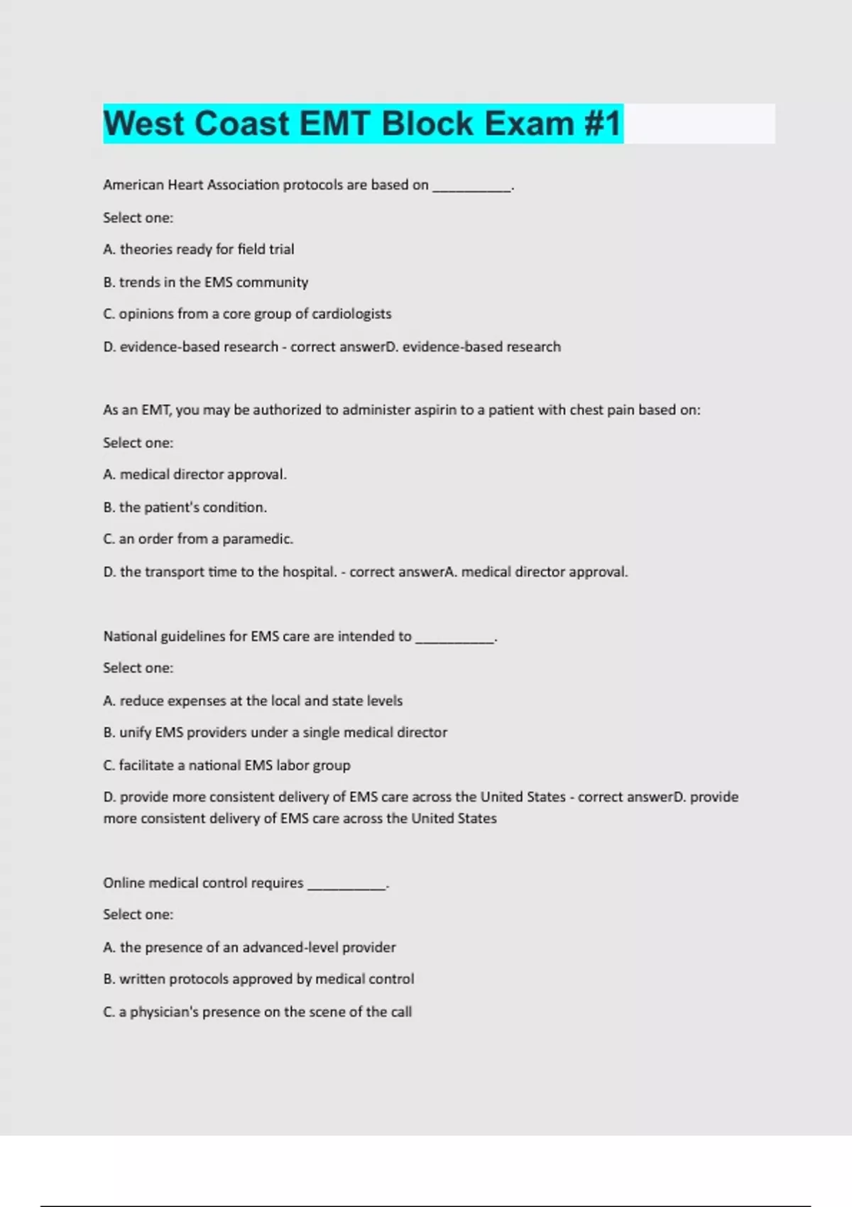 West Coast EMT Block Exam #1 Questions and answers latest update - West ...