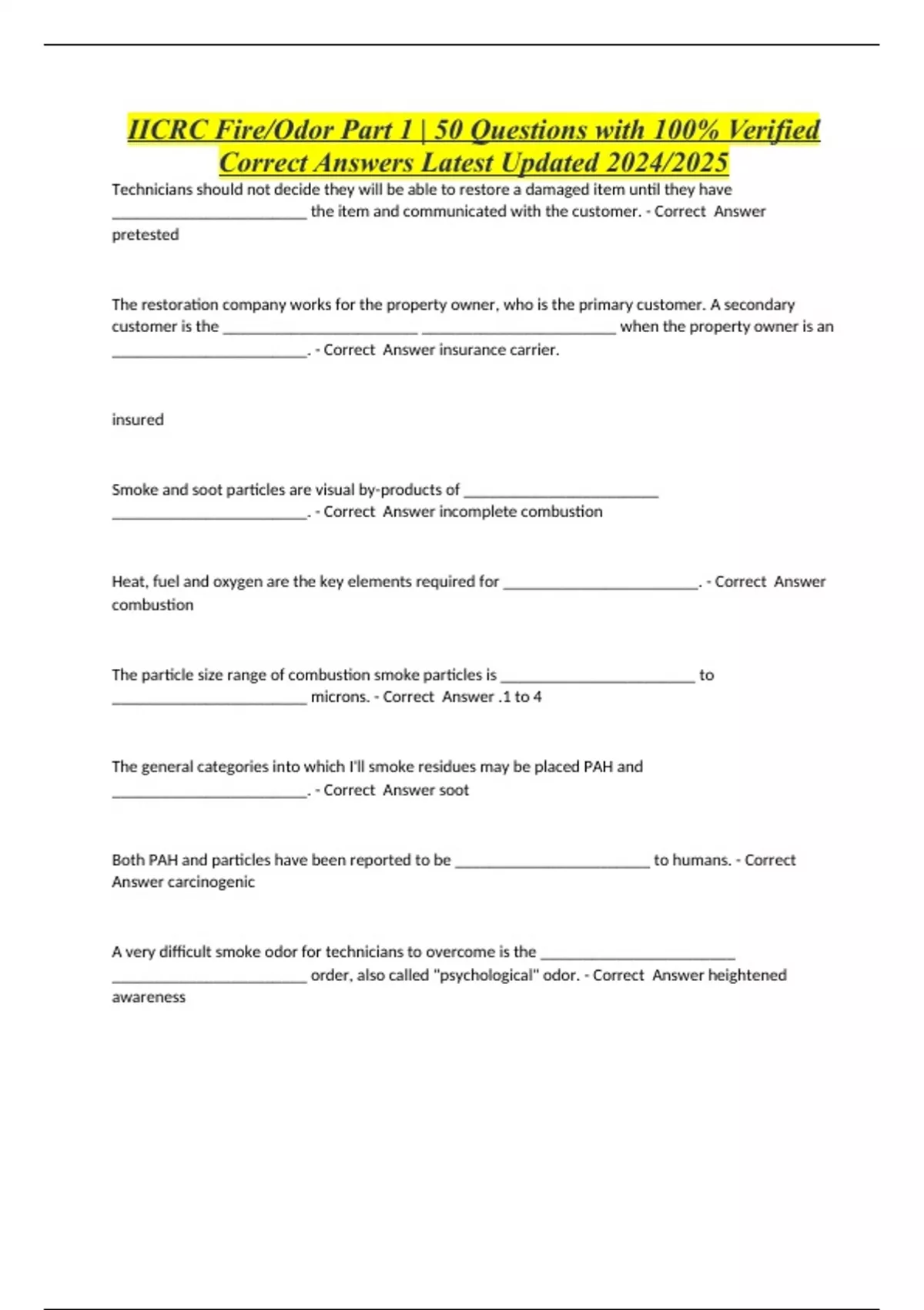 IICRC Fire/Odor Part 1 | 50 Questions with 100% Verified Correct ...