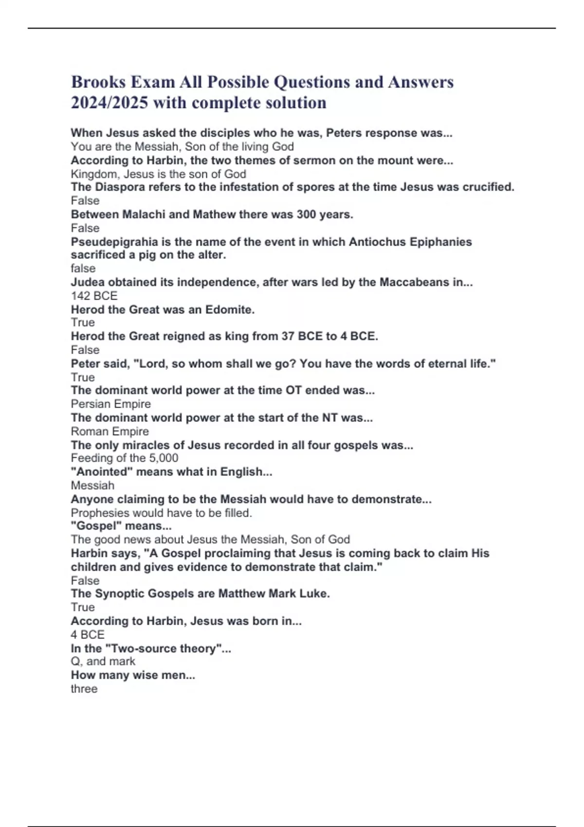 Brooks Exam All Possible Questions and Answers 2024/2025 with complete ...