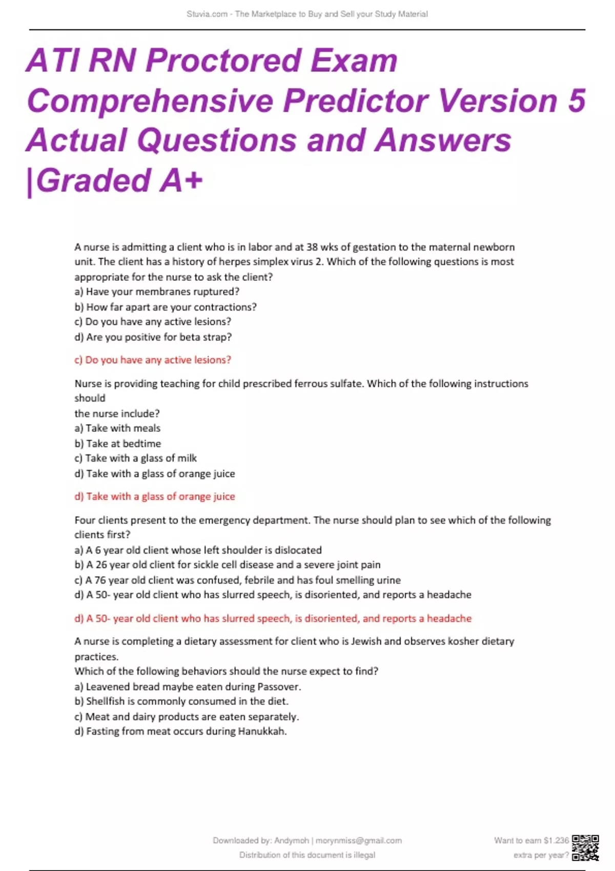 ATI RN PROCTORED EXAMS COMPREHENSIVE PREDICTOR VERSION 5 WITH ACTUAL ...