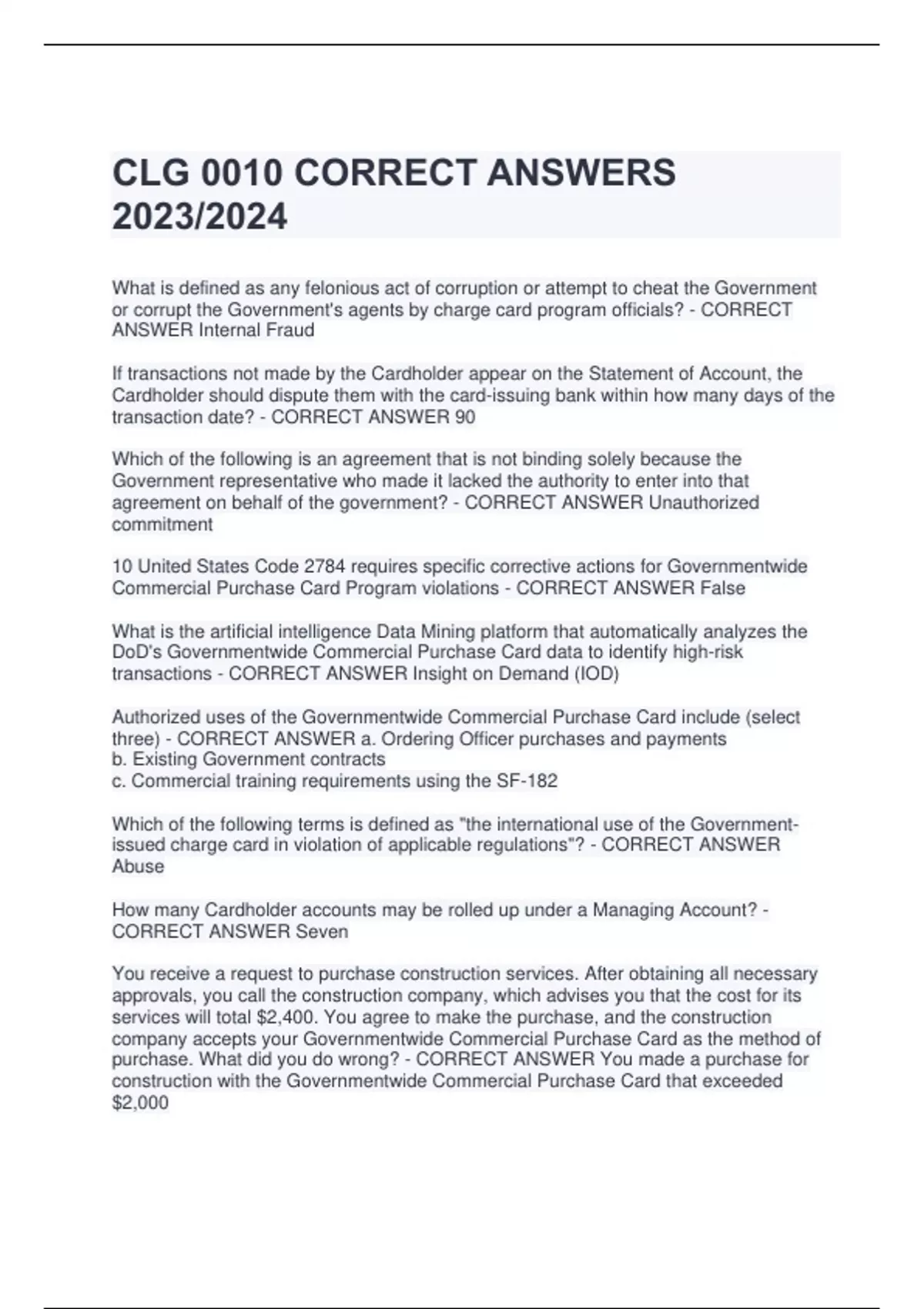 BUNDLE FOR CLG 0010 EXAM LATEST WITH COMPLETE SOLUTION 150 QUESTIONS ...