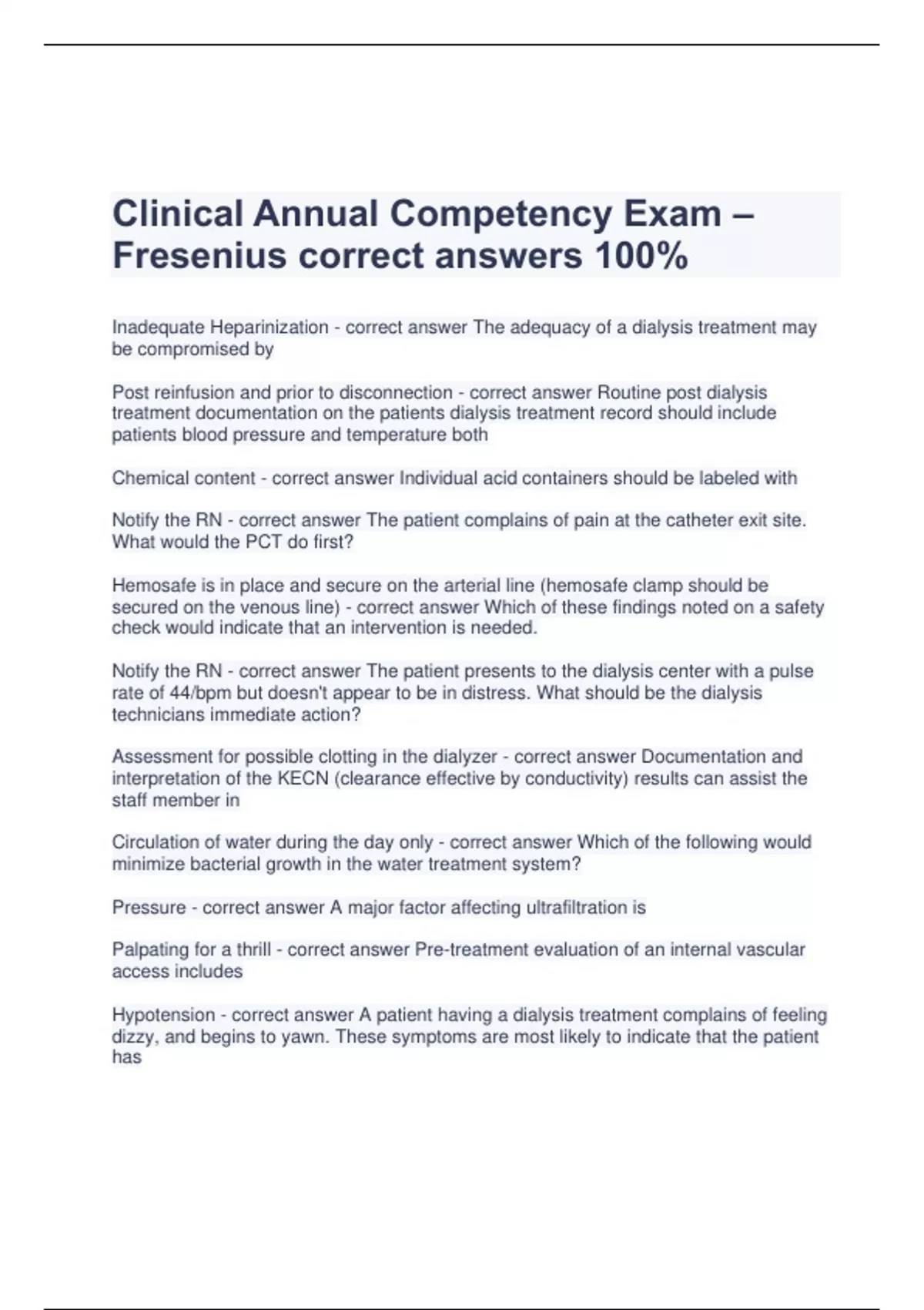 Clinical Annual Competency Exam – Fresenius correct answers 100% ...