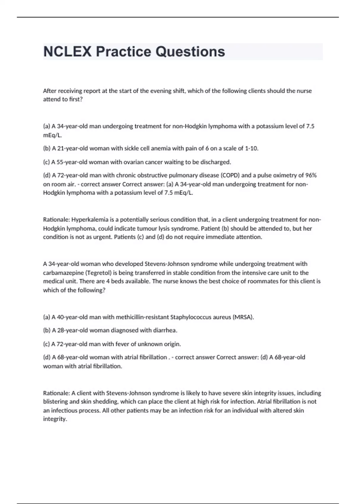 NCLEX Practice Questions 2024 Updated. - Nclex - Stuvia US