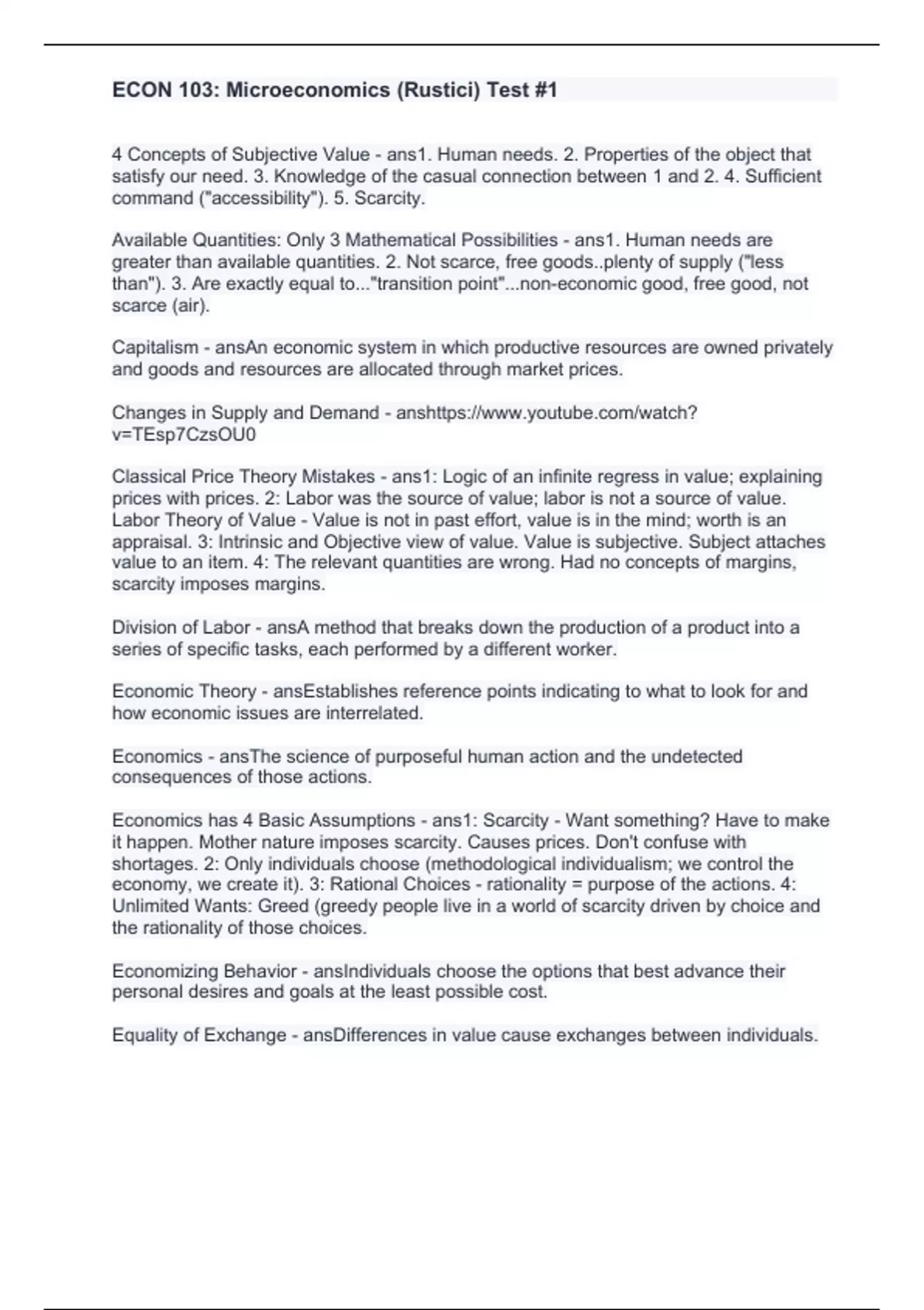 ECON 103: Microeconomics (Rustici) Test #1 - ECON 103 - Stuvia US