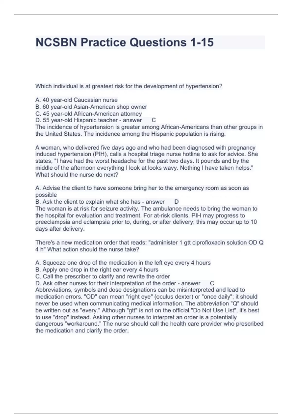 NCSBN Practice Questions 1-15 Questions with correct Answers 2024 - Ncsbn - Stuvia US