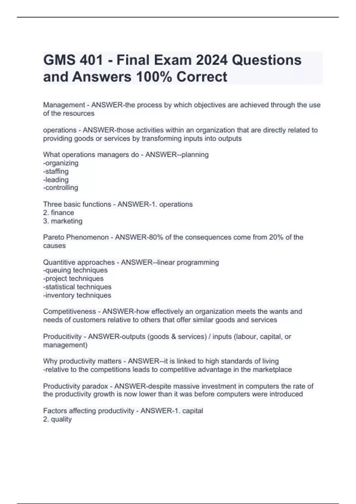 GMS 401 - Final Exam 2024 Questions and Answers 100% Correct - GMS 401 - Stuvia US