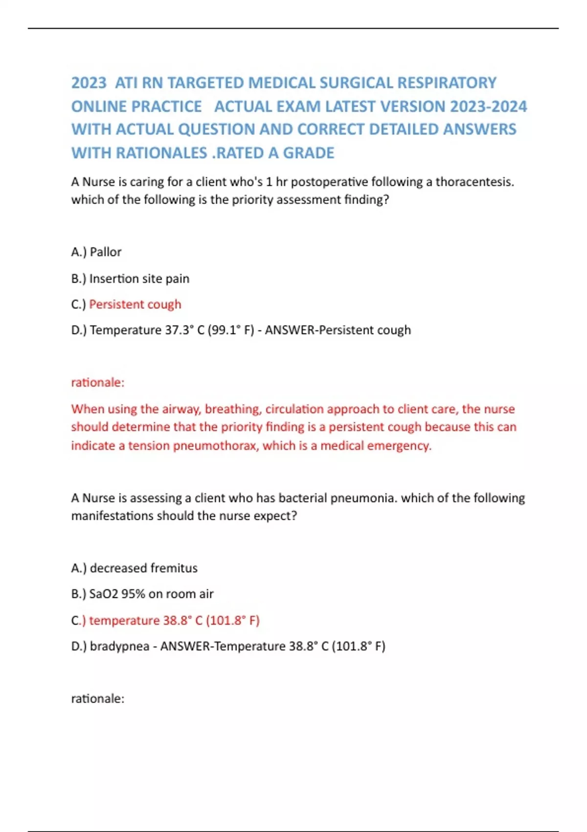 2023 ATI RN TARGETED MEDICAL SURGICAL RESPIRATORY ONLINE PRACTICE ...