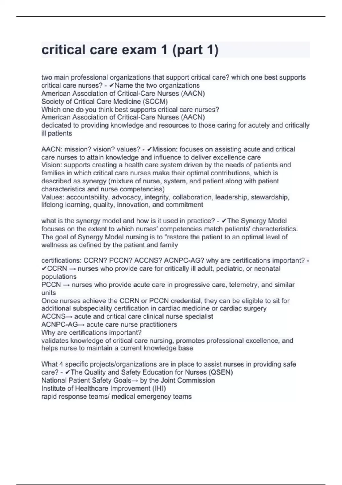 critical care exam 1 (part 1) - Adult CCRN - Stuvia US