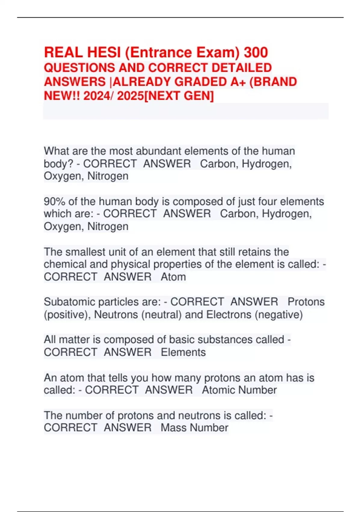 REAL HESI (Entrance Exam) 300 QUESTIONS AND CORRECT DETAILED ANSWERS ...