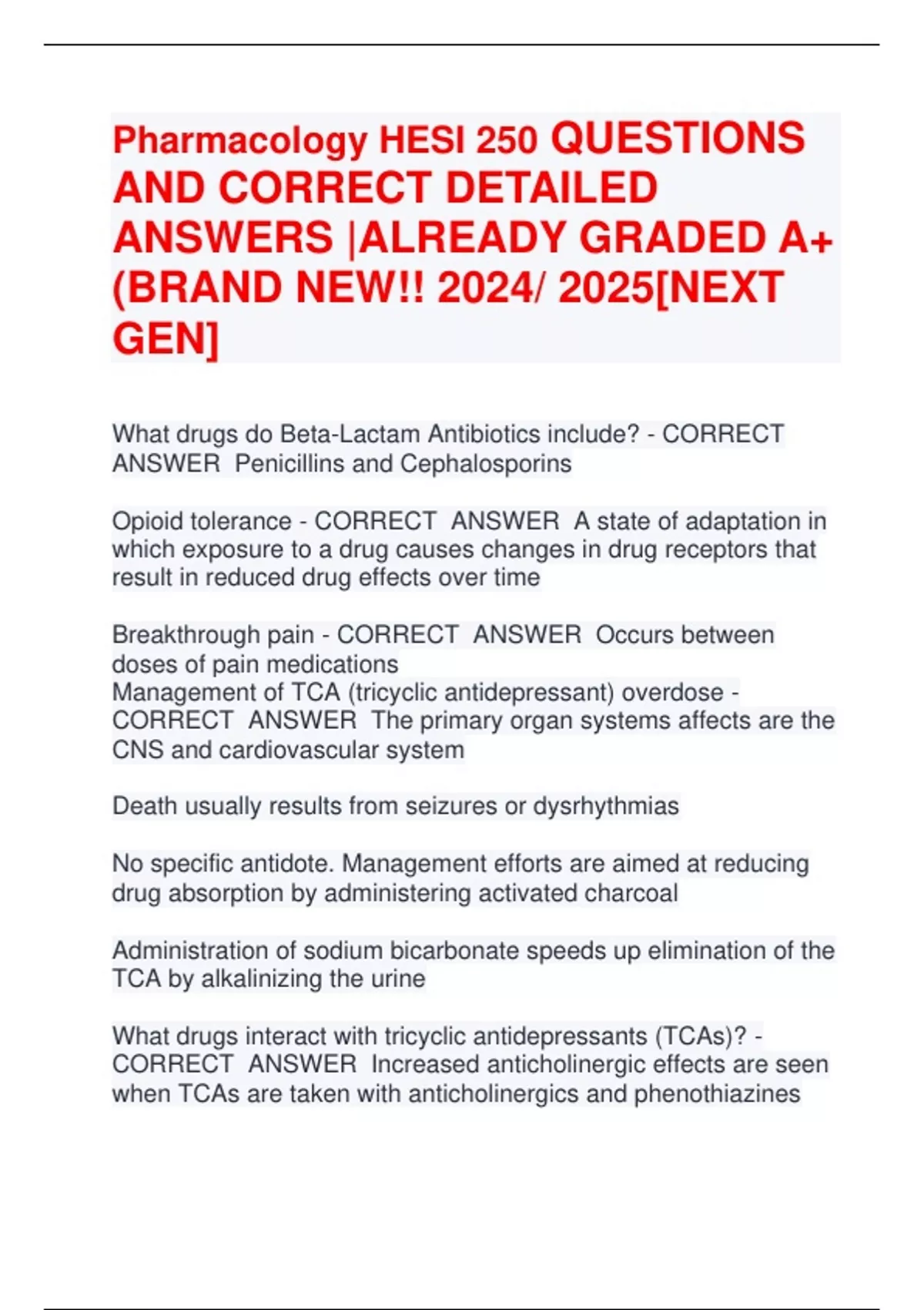 Pharmacology HESI 250 QUESTIONS AND CORRECT DETAILED ANSWERS |ALREADY ...