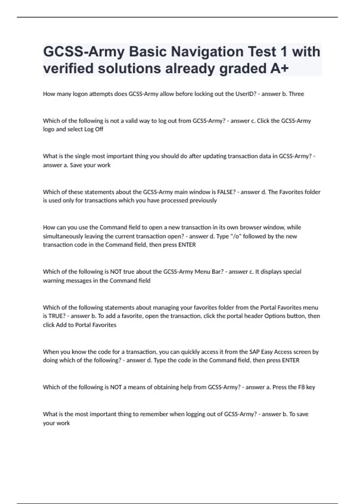 GCSS-Army Basic Navigation Test 1 with verified solutions already ...