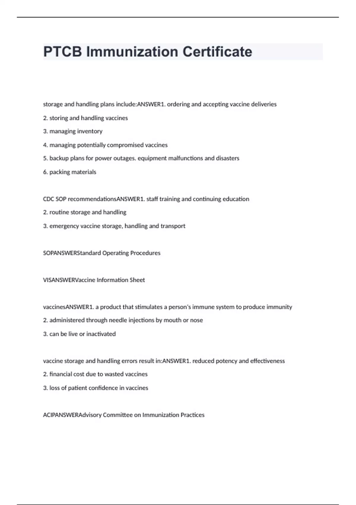 PTCB Immunization Certificate exam questions and answers 2024 - PTCB Immunization Certificate ...