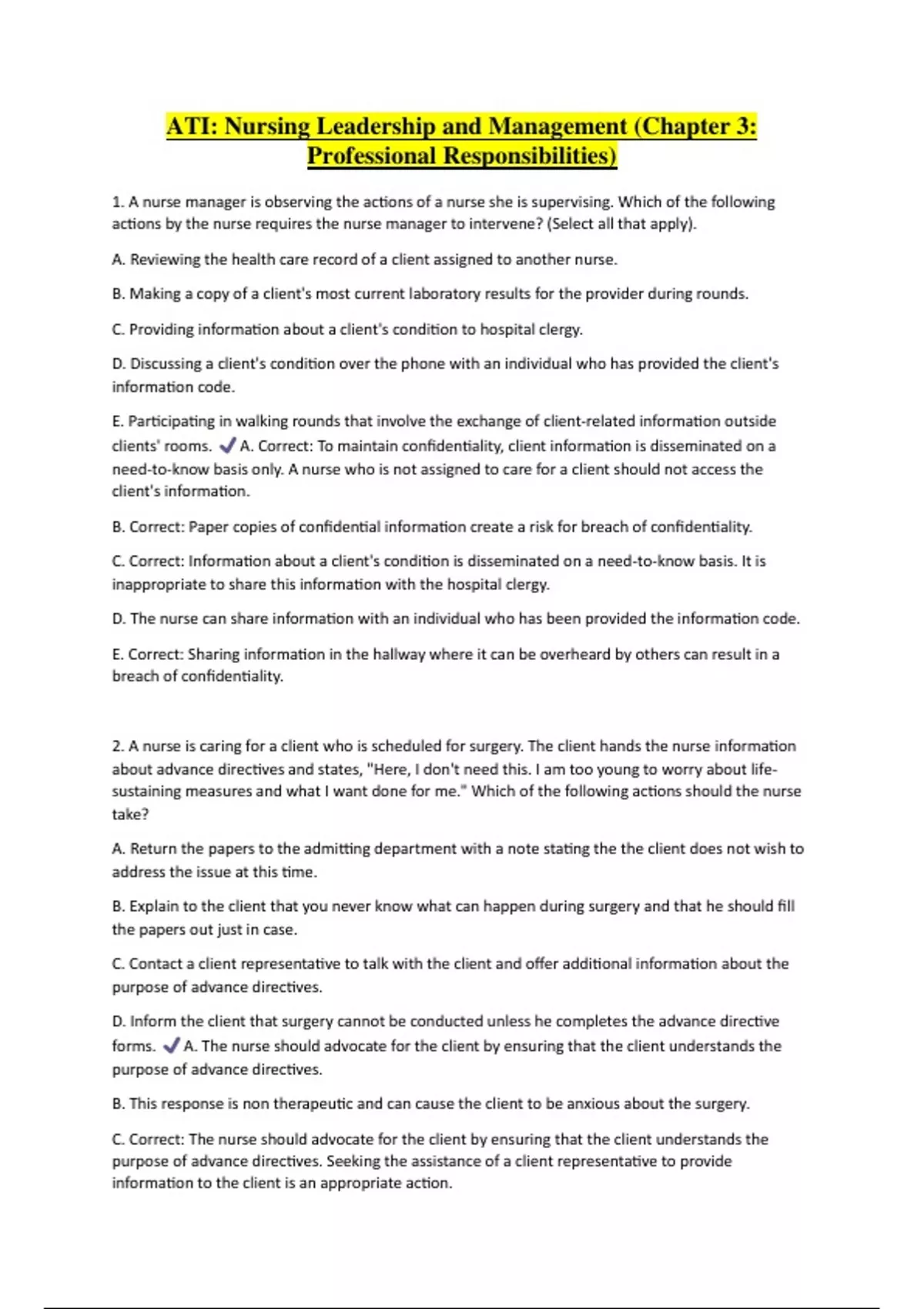 ATI: Nursing Leadership and Management (Chapter 3: Professional ...