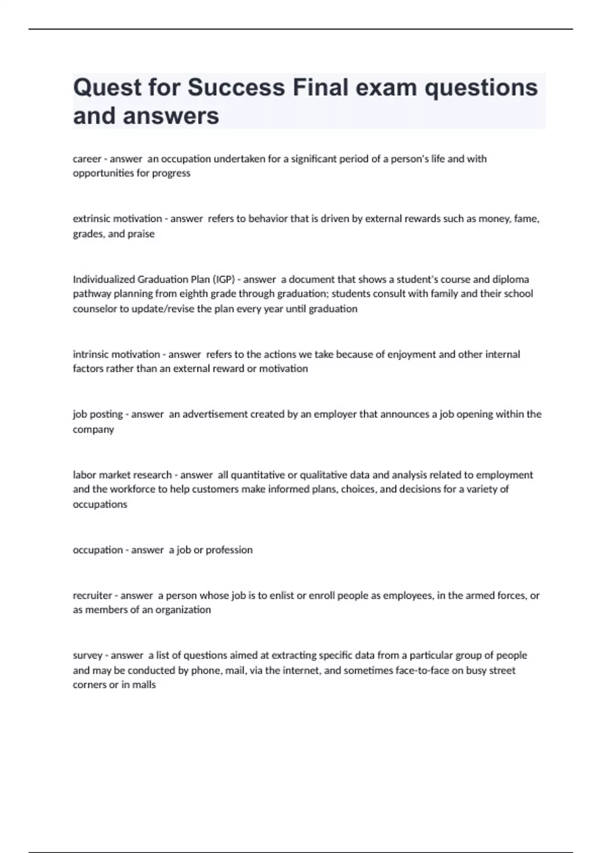 Quest for Success Final exam questions and answers - Quest for Success ...