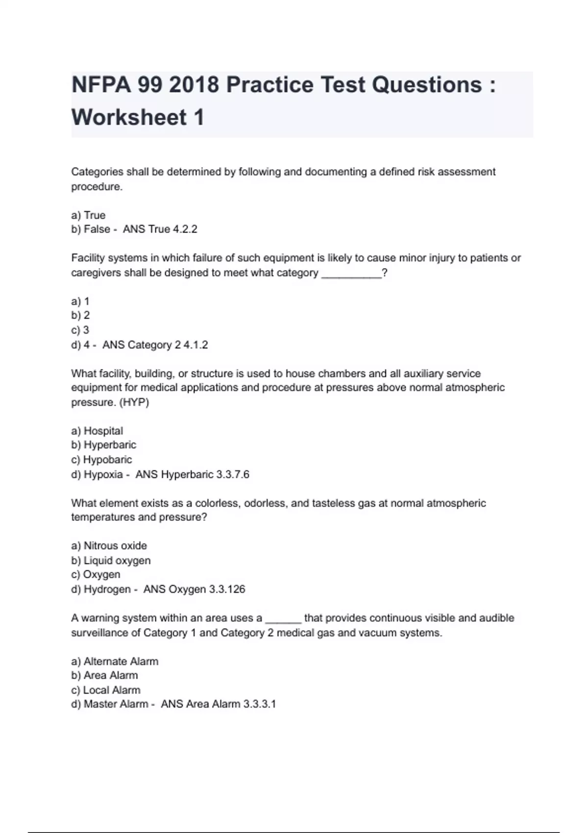 NFPA 99 2018 Practice Test Questions : Worksheet 1 Questions & Answers ...