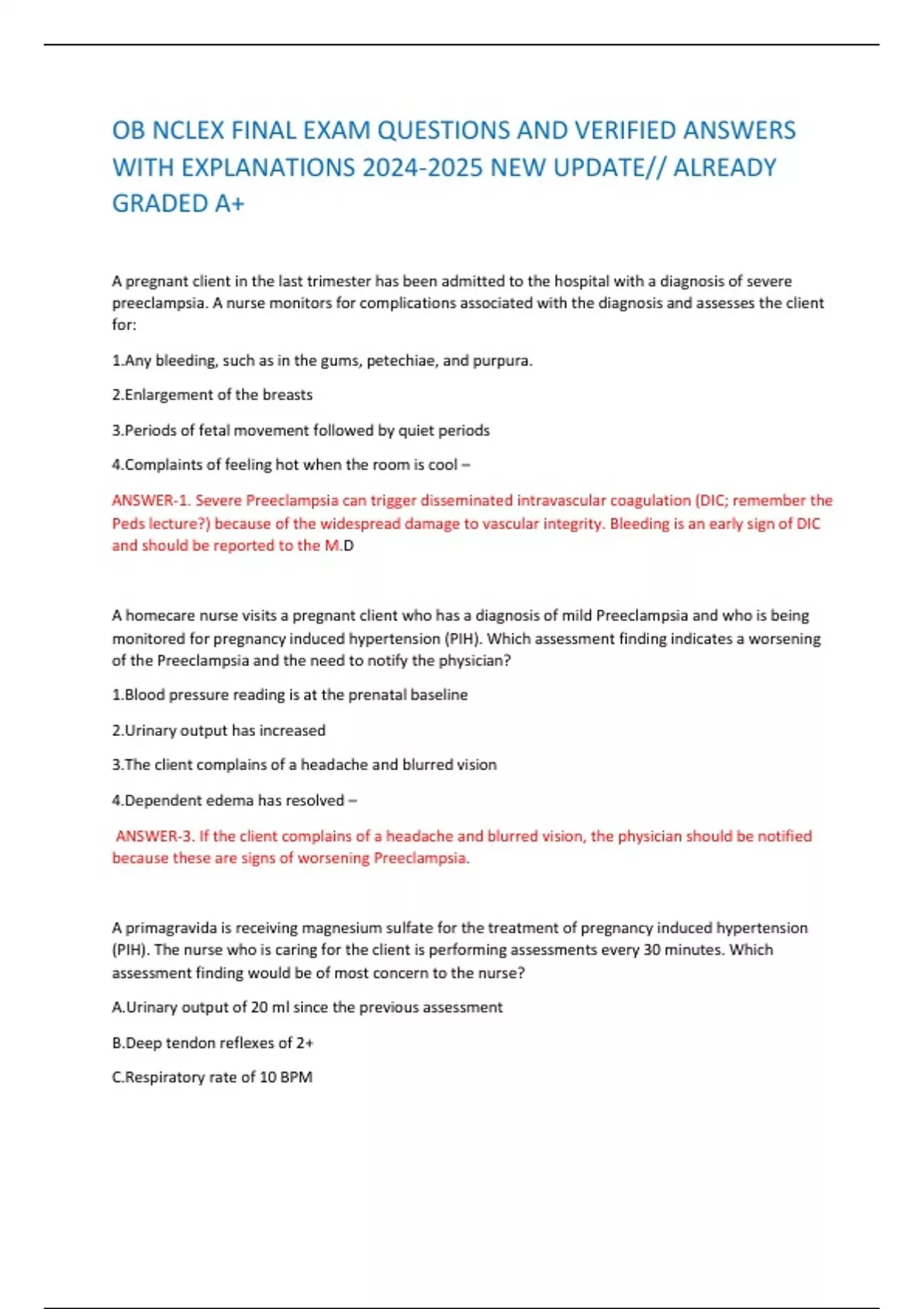 OB NCLEX FINAL EXAM QUESTIONS AND VERIFIED ANSWERS WITH EXPLANATIONS ...