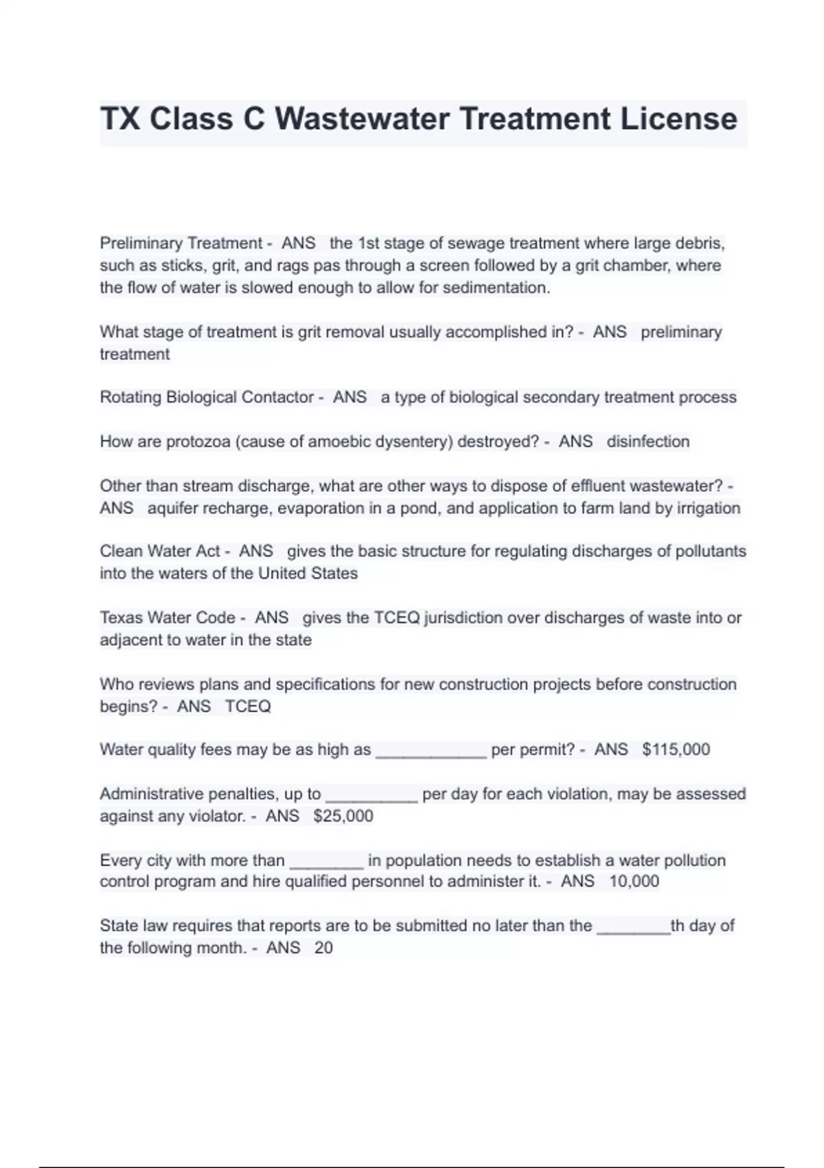 TX Class C Wastewater Treatment License Exam Questions And Answers ...