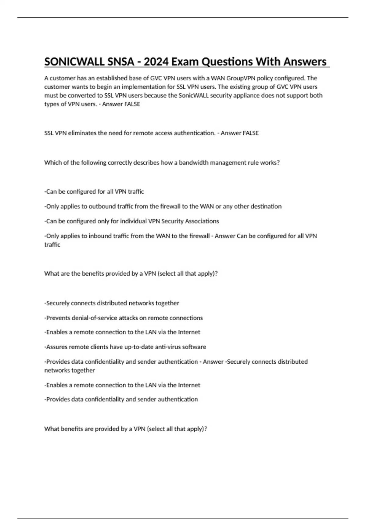 SONICWALL SNSA - 2024 Exam Questions With Answers - SONICWALL SNSA - Stuvia US