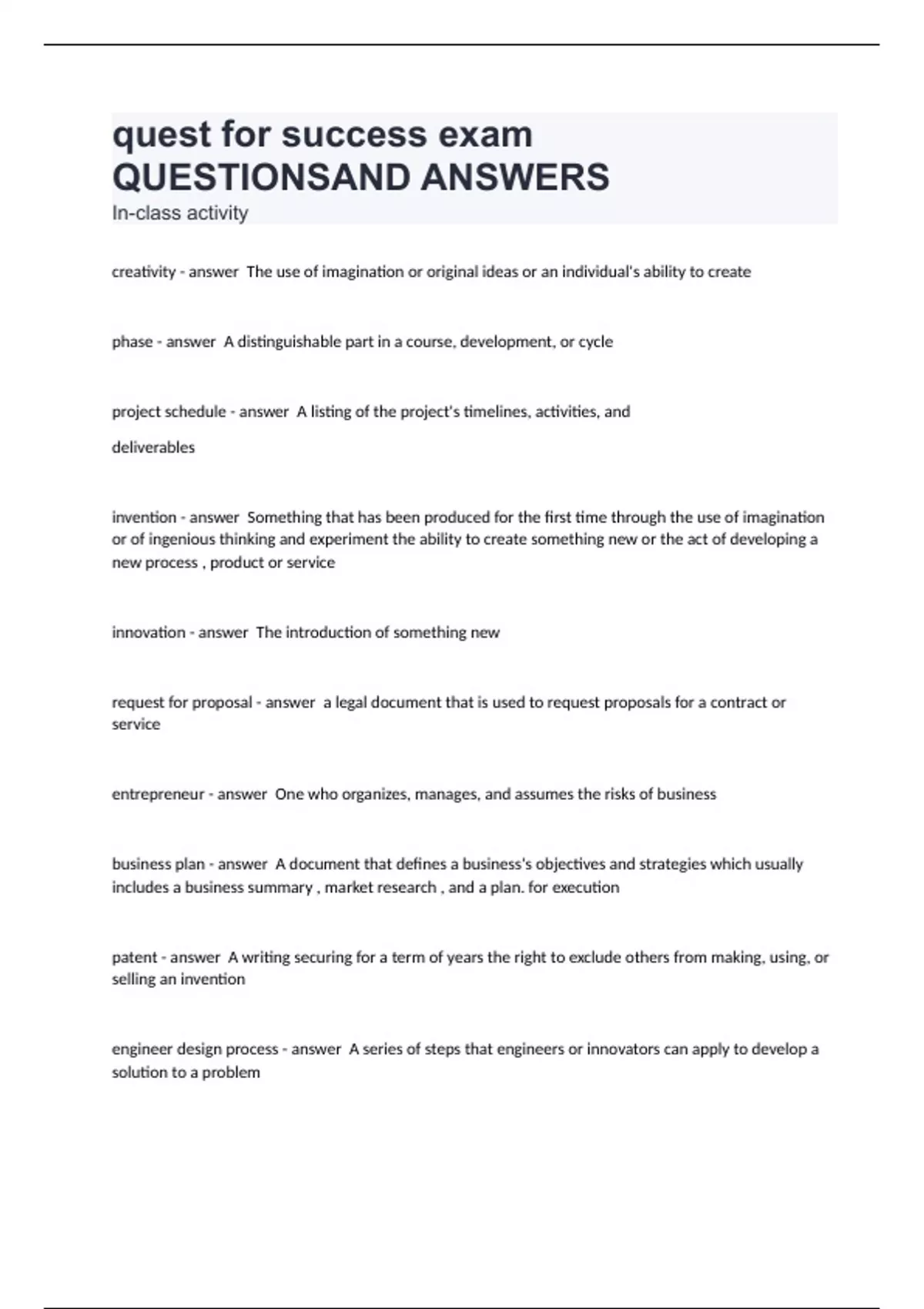 quest for success exam QUESTIONSAND ANSWERS - Quest For Success - Stuvia US