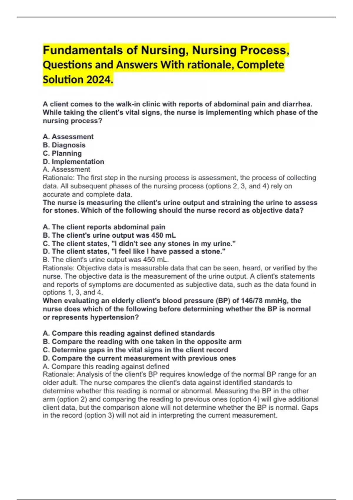 Fundamentals of Nursing, Nursing Process, Questions and Answers With rationale, Complete ...