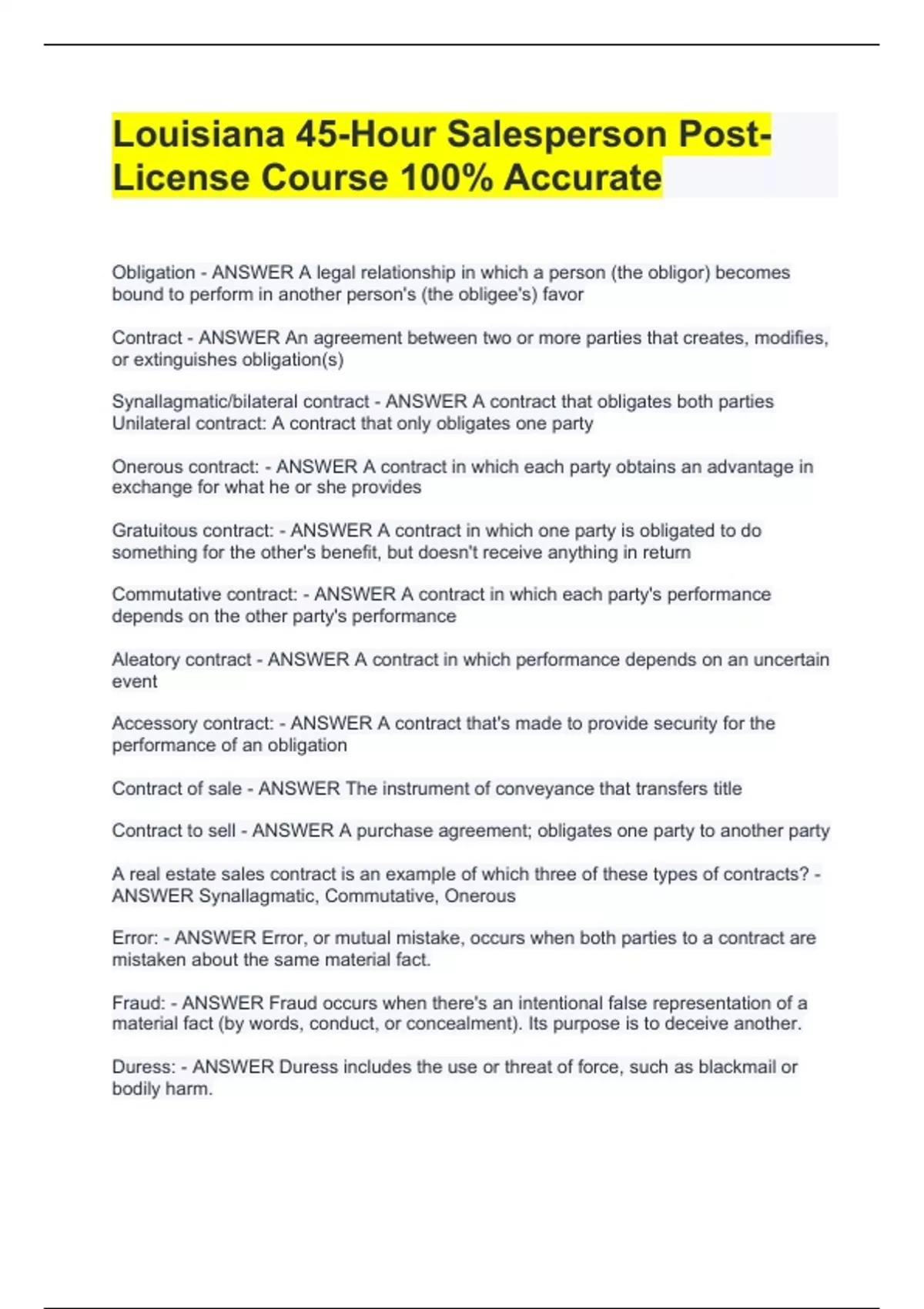 Louisiana 45-Hour Salesperson Post-License Course 100% Accurate - 45 ...