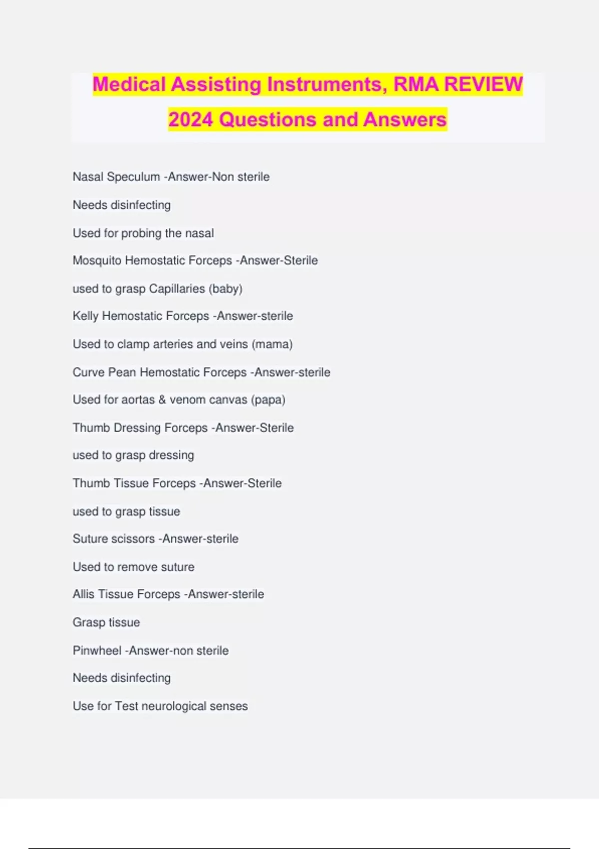 Medical Assisting Instruments, RMA REVIEW 2024 Questions and Answers ...