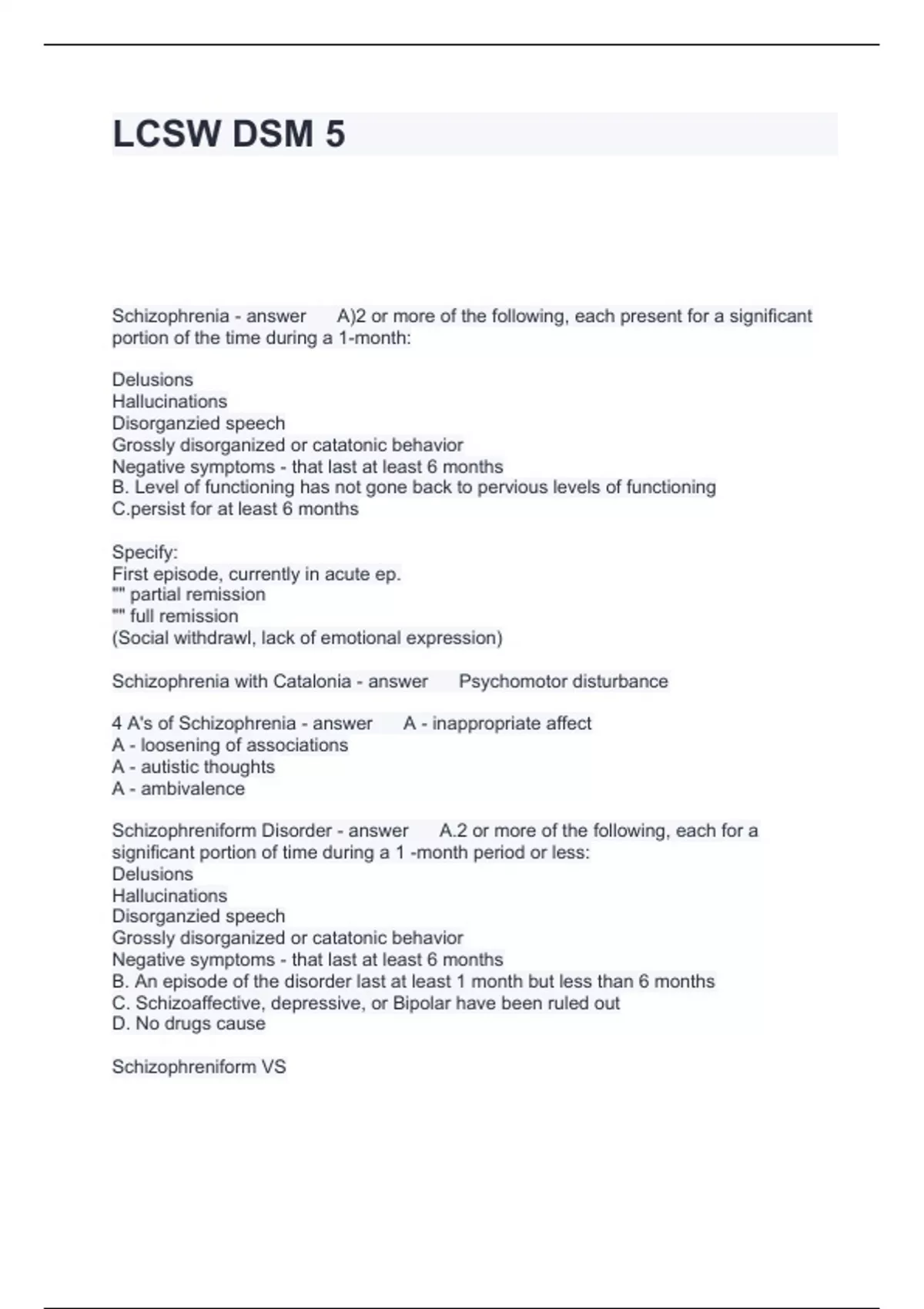 LCSW DSM 5 QUESTIONS WITH CORRECT ANSWERS 2024 - LCSW - Stuvia US