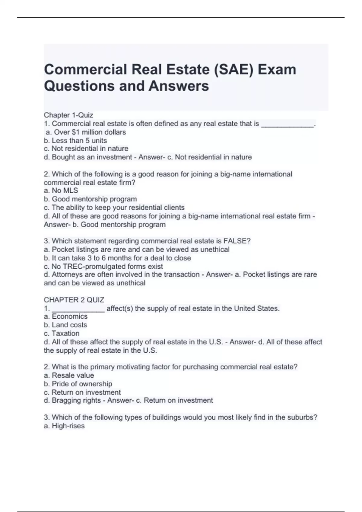 Commercial Real Estate (SAE) Exam Questions and Answers - Champions ...