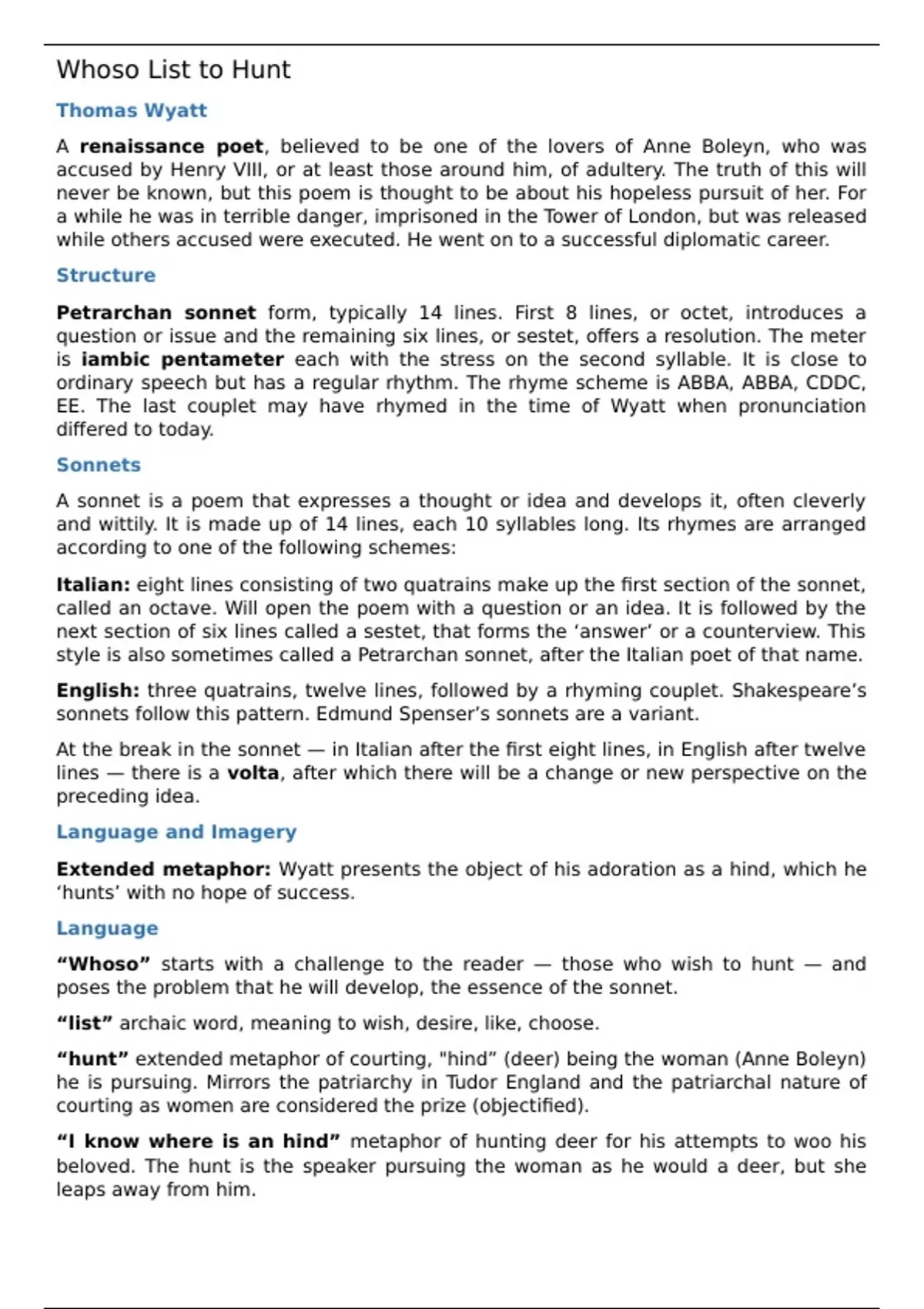 summary and analysis notes of the poem Whoso List To Hunt by Thomas ...
