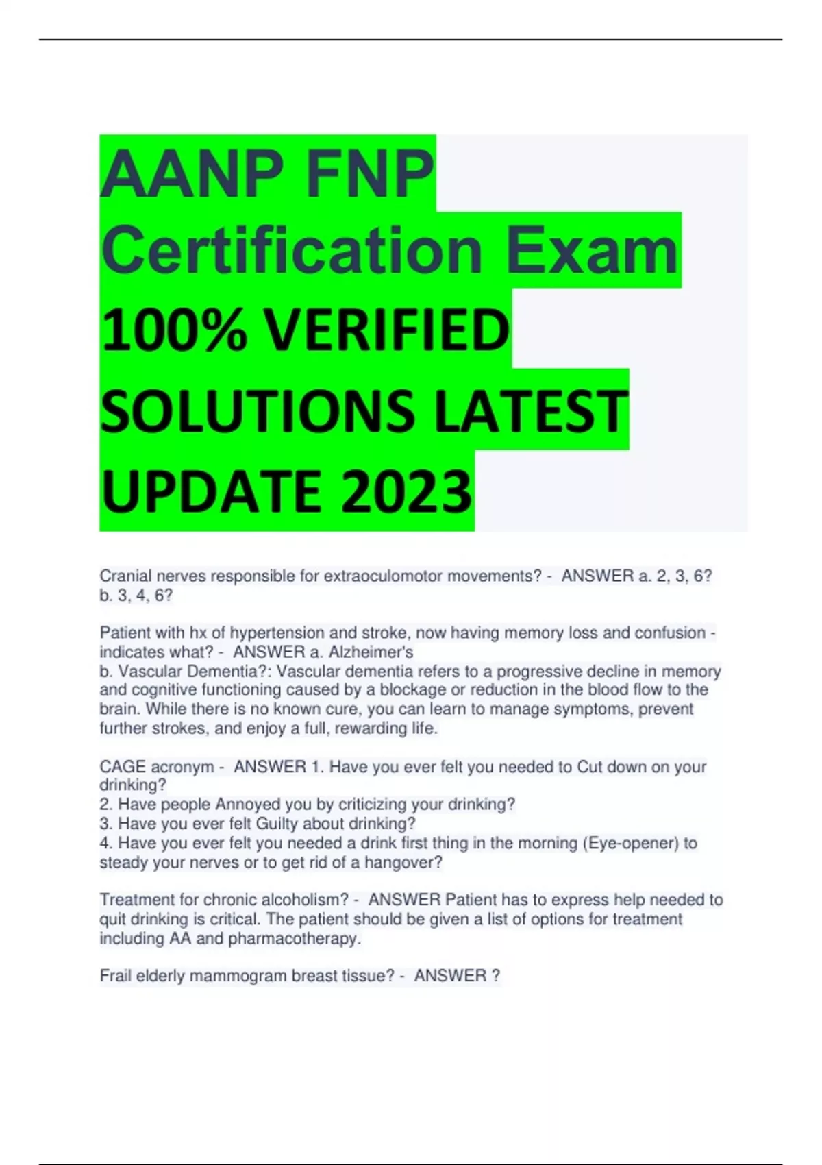 AANP FNP Certification Exam 100% VERIFIED SOLUTIONS LATEST UPDATE 2024 ...
