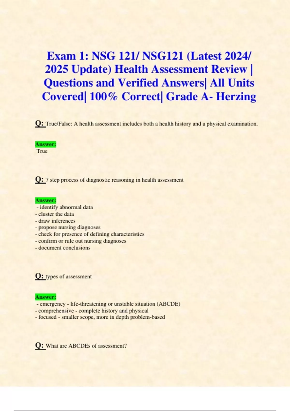 Exam 1: NSG 121/ NSG121 (Latest 2024/ 2025 Update) Health Assessment ...