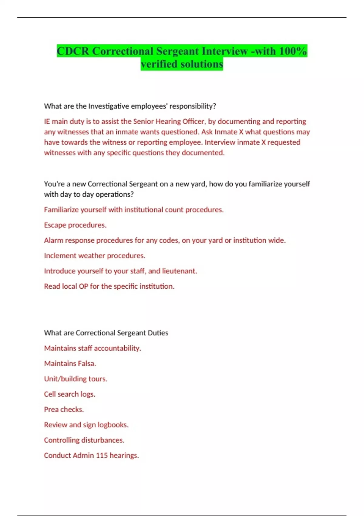 CDCR Correctional Sergeant Interview -with 100% verified solutions ...